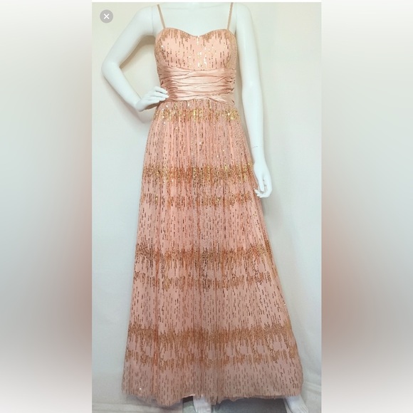 Adrianna Papell | Dresses | Rose Gold Satin Mash With Gold Sequins Maxi ...